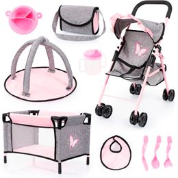 Puppenbuggy BAYER "Set mit Reisebett", rosa (grau, rosa schmetterling), Puppenwagen, KinderB:43cm H:52cm T:26,5cm, Puppenbuggy, B:43cm H:52cm T:26,5cm