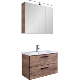 Badm&ouml;bel-Set SAPHIR "Quickset 374 Keramik-Waschtisch mit LED-Spiegelschrank, 75 cm breit", braun (eiche ribbeck quer nachbildung), B:75cm H:200cm T:45cm, Holzwerkstoff, Kastenm&ouml;bel-Sets, Badm&ouml;bel-Set, Waschplatz, 2 Schubladen, 3 T&uuml;ren, Eiche Ribbeck quer Nachbildung