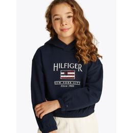 Kapuzensweatshirt Tommy Hilfiger "HILFIGER SEQUIN FLAG HOODIE", M&auml;dchen, Gr. 4 (104), blau (schwarz night navy), Sweatware, Obermaterial: 68% Baumwolle, 32% Polyester, unifarben, bequem, elastischer Bund, Sweatshirts Kapuzensweatshirt, mit Pailetten, mit Logostickereien