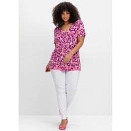 T-Shirt sheego by Joe Browns "T-Shirt", Damen, Gr. 40/42, pink (pink, gemustert), 95% Viskose, 5% Elasthan, gemustert, V-Ausschnitt, Shirts T-Shirt