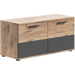 Sitzbank Home Affaire "Riga, Breite 90 cm, 2 T&uuml;ren mit Softclose, 2 Einlegeb&ouml;den, 4 F&auml;cher", grau (nox oak nb, basalt grau nb), B:90cm H:45cm T:37cm, FSC-zertifizierter Holzwerkstoff, Sitzb&auml;nke, Sitzbank, Rillenfr&auml;sung, Bank, Schuhbank, Garderobenbank, Dielenbank
