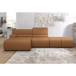 Ecksofa Egoitaliano "Babouche, Designsofa mit au&szlig;ergew&ouml;hnlichem Sitzkomfort zum Wohlf&uuml;hlen", braun (cognac), B:384cm H:80cm T:98cm, Luxus-Micofaser Lederoptik (100% Polyester) ist ein neues technisches Gewebe mit einem visuellen und taktilen Aspekt, der dem Nubuk sehr nahe kommt, mit innovativen Eigenschaften. Seine au&szlig;erordentliche Weichheit kommt von einem exklusiven Produktionsprozess, der Unre