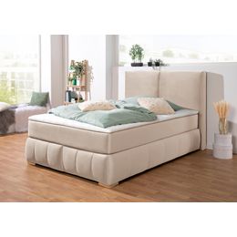 Boxspringbett Home Affaire "Wehma", beige, B:150cm L:213cm, Struktur fein (100% Polyester), Komplettbetten, Boxspringbett, inkl. Topper in 3 verschiedenen Matratzen, auch in Samtstoff