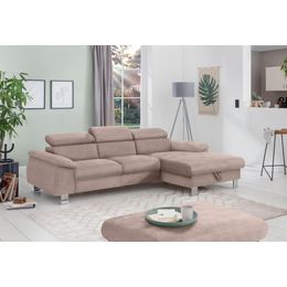 Ecksofa COTTA "Komaris L-Form, B: 244 cm", braun (mud), B:244cm H:72cm T:166cm, Microfaser PRIMABELLE (100% Polyester);Kunstleder SOFTLUX(100%Polyurethan);Feinstruktur (100% Polyester);Kunstleder SOFTLUX/Struktur (100%Polyurethan, 90%Polyester, 10% Polyacryl), Sofas, Ecksofa, mit Kopfteilverstellung, optional Bettfunktion, Bettkasten & Licht