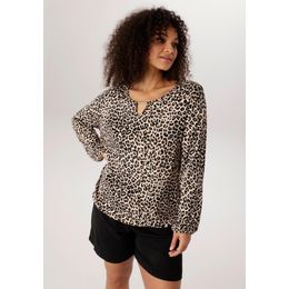 Langarmshirt ANISTON PLUS, Damen, Gr. 46, bunt (schwarz, beige, braun), Single Jersey, Obermaterial: 95% Viskose, 5% Elasthan, figurumspielend Po-bedeckend, Rundhals, mit Gummizug, Shirts Langarmshirt, In trendigem Leoprint - NEUE KOLLEKTION