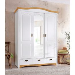Schiebet&uuml;renschrank OTTO HOME "Konrad, Landhausstil, rustikal, mit Schubladen + Spiegel, Kassetten", wei&szlig;, honig gewachst, B:153cm H:207cm T:64cm, Glas, Massivholz, Schr&auml;nke, Schiebet&uuml;renschrank, massive Kiefer, FSC-zertifiziert, Messinggriffe, mehrere Varianten