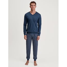 Schlafanzug Calida "Relax Streamline 1", Herren, Gr. XXL (58/60), blau (glacier lake), Interlock, Obermaterial: 100% Baumwolle, bequem lang, V-Ausschnitt, angesetztes B&uuml;ndchen, Homewear-Sets Schlafanzug, atmungsaktiv, weich, V-Ausschnitt, Brusttasche