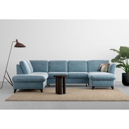Wohnlandschaft Home Affaire "Trelleborg U-Form", blau (blau, grau), B:307cm H:86cm T:213cm, 100% Polyester, Sofas, Wohnlandschaft, wahlweise mit Bettfunktion und Bettkasten, inkl. Federkern-Polsterung