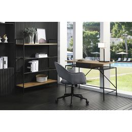 Schreibtisch Salesfever "York Arbeitsplatz Deluxe", schwarz (natur, schwarz, schwarz, natur, schwarz), B:110cm H:76cm T:55cm, MDF, Metall, Kunststoff, Tische, Schreibtisch, Metallrahmen-Ablage mit Polyrattan in Geflechtoptik