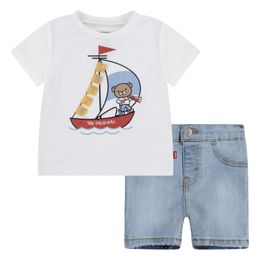 T-Shirt & Shorts LEVI'S KIDS "LVB LEVI 3D SAILING DENIM SET", Jungen, Gr. 9M74, wei&szlig; (hellwei&szlig;), Obermaterial: 60% Baumwolle, 40% Polyester. Obermaterial Hose: 54% Baumwolle, 27% Polyester, 17% Viskose, 2% Elasthan, bedruckt, KOB Set-Artikel T-Shirt & Shorts, mit B&auml;ren-Grafik