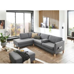 Ecksofa "Mailo L-Form", grau, B:255cm H:82cm, ATLANTIC HOME COLLECTION, Sofas, Ecksofa, mit Seitentaschen und Ottomane, mit Massivholzf&uuml;&szlig;en