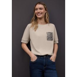 Rundhalsshirt Street One, Damen, Gr. 38, cotton beige, Jersey, Obermaterial: 46% Modal, 46% Polyester, 8% Elasthan, unifarben mit Farbeinsatz, bequem, Rundhals, B&uuml;ndchen, Shirts Rundhalsshirt, Halbarmshirt mit Leo-Brusttasche