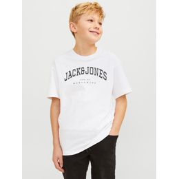 Jack & Jones Rundhalsshirt JACK & JONES JUNIOR "JJECALEB VARSITY TEE SS O-NECK NOOS JNR", Jungen, Gr. 152, wei&szlig; (wei&szlig; fit:loose), Single Jersey, Obermaterial: 100% Baumwolle, bedruckt, relaxed fit normal, Rundhals, Shirts Rundhalsshirt