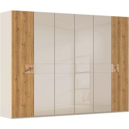 Kleiderschrank Rauch "Dreht&uuml;renschrank Schrank Garderobe W&auml;scheschrank KONA", beige, glas beige (champagner), absetzungen asteiche massiv, B:301cm H:223cm T:61cm, Holzwerkstoff, Schr&auml;nke, Kleiderschrank, Glasauflage, Massivholz-Absetzung, SOFT-CLOSE-FUNKTION MADE IN GERMANY