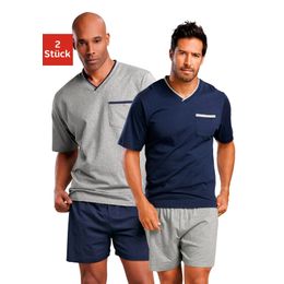 Pyjama Le Jogger, Herren, Gr. 48/50 (M), blau (marine, grau, meliert), Jersey, Obermaterial: 100% Baumwolle, unifarben, Basic, bequem kurz, V-Ausschnitt, abgesteppte Kante, Homewear-Sets Pyjama, mit Brusttasche, Topseller