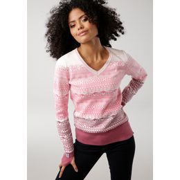 Jacquardpullover Kangaroos, Damen, Gr. 48/50, bunt (rosa, beere), Feinstrick, Obermaterial: 50% Baumwolle, 50% Polyacryl, figurbetont h&uuml;ftlang, V-Ausschnitt, Rippb&uuml;ndchen mit Daumenl&ouml;chern, Pullover Jacquardpullover, im Norweger-Muster mit kleinen K&auml;ngurus