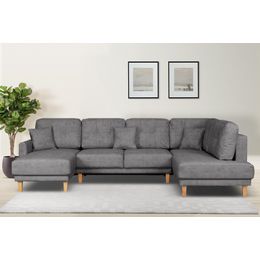 Wohnlandschaft Home Affaire "TRIPLO U-Form wahlweise mit Schlaffunktion, B/T/H: 310/192/90 cm", grau, B:310cm H:90cm T:192cm, 100% Polyester, Sofas, Wohnlandschaft, Schlafsofa, auch mit Bettkasten, Steppung im R&uuml;ckenkissen