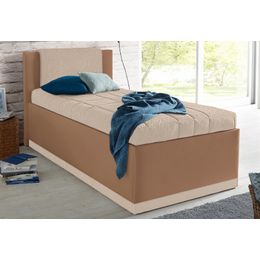 Polsterbett, braun (braun, beige), B:157cm L:212cm, Bezug Bett: Microfaser (100% Polyester);Bonnell-Federkernmatratze: Frottee (100% Polyester);Tonnentaschen-Federkernmatratze: 80% Baumwolle und 20% Polyester, Bezug abnehm- und waschbar bis 60C;Tagesdecke: Microfaser (100% Polyester), Westfalia Schlafkomfort, Betten, Polsterbett, mit Bettkasten und Tagesdecke