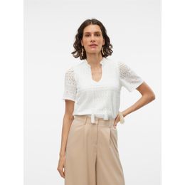 V&eacute;ro Moda Spitzenshirt VERO MODA "VMHONEY LACE S/S TASSEL TOP WVN GA", Damen, Gr. XS, wei&szlig; (snow wei&szlig; pattern:original lace), Web, Obermaterial: 75% Baumwolle, 25% Nylon, unifarben, regular fit, Rundhals, Shirts Spitzenshirt