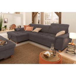 Ecksofa Home Affaire "Lyla fester Sitzkomfort, bequeme Armlehnen, Breite 279cm, L-Form", grau, B:279cm H:81cm T:162cm, Sofas, Ecksofa, mit Recamiere, wahlweise mit R&uuml;ckenfunktion und zus&auml;tzlich mit Bett