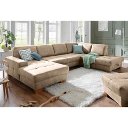 Wohnlandschaft Home Affaire "Puccini U-Form", beige, B:340cm H:86cm T:224cm, Luxus-Microfaser (100% Polyester);Luxus-Microfaser ALTARA NUBUCK (100% Polyester);Luxus-Microfaser Lederoptik (100% Polyester), Sofas, Wohnlandschaft, mit Federkern, Sitztiefenverstellung, Kontrastnaht