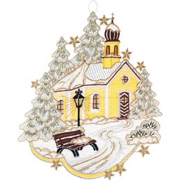 Fensterbild "Kapelle" Gr. 1, gelb (ecru, goldfarben, hellgelb), B:20cm H:24cm, Polyester, W. REUTER & SOHN - PLAUENER SPITZE, Fensterbilder, Fensterbild, Made in Germany