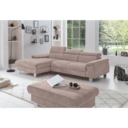 Ecksofa COTTA "Komaris L-Form, B: 244 cm", braun (mud), B:244cm H:72cm T:166cm, Microfaser PRIMABELLE (100% Polyester);Kunstleder SOFTLUX(100%Polyurethan);Feinstruktur (100% Polyester);Kunstleder SOFTLUX/Struktur (100%Polyurethan, 90%Polyester, 10% Polyacryl), Sofas, Ecksofa, mit Kopfteilverstellung, optional Bettfunktion, Bettkasten & Licht