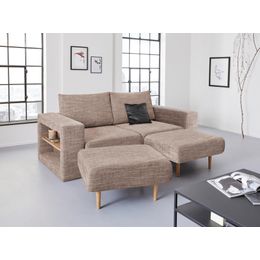 3-Sitzer "Looksvb", beige (beige, braun), B:212cm H:96cm T:107cm, LOOKS by Wolfgang Joop, Sofas, 3-Sitzer, Verwandlungssofa: aus Sofa wird Sofa mit 2 Hockern, mit Regalfunktion