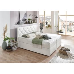 Boxbett "Meike", wei&szlig;, B:220cm L:207cm, Bezug Bett: Kunstleder;Taschen-Federkernmatratze: Kunstleder; Jersey (100% PES);Topper: Jersey 100% PES, ATLANTIC HOME COLLECTION, Komplettbetten, Boxbett, mit XXL-Bettkasten und Topper