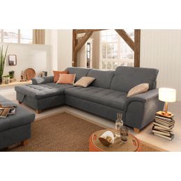 Ecksofa Home Affaire "Lyla fester Sitzkomfort, bequeme Armlehnen, Breite 279cm, L-Form", grau (dunkelgrau)), B:279cm H:81cm T:170cm, Sofas, Ecksofa, mit Recamiere, wahlweise mit R&uuml;ckenfunktion und zus&auml;tzlich mit Bett
