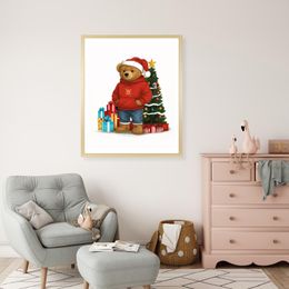 Bild mit Rahmen queence "Teddy B&auml;r mit Weihnachtsm&uuml;tze vor Tannenbaum", farbe rahmen: beige, farbe bild(er): rot, B:50cm H:70cm T:1,5cm, Acrylglas, Holzrahmen, Bilder, Bild mit Rahmen, HD Premium Poster-Druck inkl. Echtholzrahmen in beige