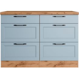Unterschrank KOCHSTATION "KS-Lana", blau (matt hellblau, wotaneiche), B:120cm H:86cm T:60cm, Holzwerkstoff, MDF, Schr&auml;nke, Unterschrank, Breite 120 cm