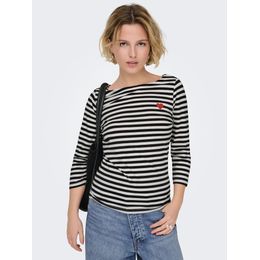 3/4-Arm-Shirt Only "ONLFIFI LIFE 3/4 PRINTED TOP CS JRS", Damen, Gr. XS, cloud dancer stripes:schwarz with heart print, Jersey, Obermaterial: 95% Baumwolle, 5% Elasthan, gestreift, regular fit normal, Rundhals, Shirts 3/4-Arm-Shirt