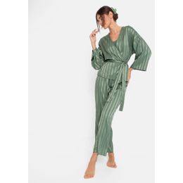 Pyjama LSCN BY LASCANA, Damen, Gr. 40, gr&uuml;n (dunkles tannengr&uuml;n gestreift), Satin, Obermaterial: 97% Polyester, 3% Elasthan, gestreift, loose fit lang, Kimono&auml;rmel abgesteppt, Homewear-Sets Pyjama, im Kimono-Stil