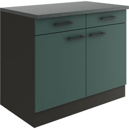 Unterschrank Optifit "Palma", gr&uuml;n (steingr&uuml;n, antrhazit, antrhrazit), B:100cm H:84,8cm T:60cm, Holzwerkstoff, Schr&auml;nke, Unterschrank, Breite 100 cm, mit 2 T&uuml;ren und 2 Schubk&auml;sten
