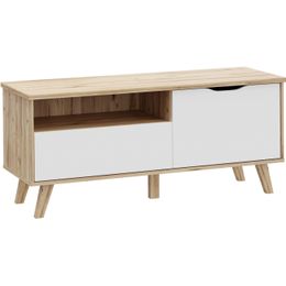 Lowboard FORTE "Vankka TV-Bank, TV-Board", wei&szlig; (planked eiche, wei&szlig;), B:124,4cm H:54,3cm T:42cm, Holzwerkstoff, Sideboards, Lowboard, TV-Teil, ca. 125 cm breit, viel Stauraum, Echtholzbeine