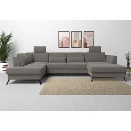 Sit & More Wohnlandschaft SIT & MORE "Olsen U-Form", grau (hellgrau), B:335cm H:88cm T:201cm, 100% Polyester, Sofas, Wohnlandschaft, inklusive Sitztiefenverstellung, wahlweise mit Bettfunktion, 15cm hoch