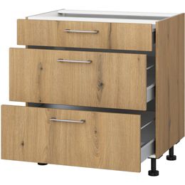 Auszugsunterschrank KOCHSTATION "KS-Trea U2AS80", braun (eiche astig), B:80cm H:75cm T:56cm, Schr&auml;nke, Auszugsunterschrank, mit drei Ausz&uuml;gen, Breite 80 cm, H&ouml;he 75 cm