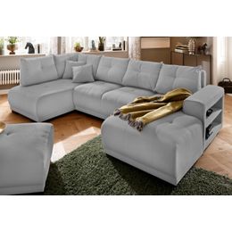 Wohnlandschaft Home Affaire "Viborg U-Form", grau (hellgrau), B:300cm H:91cm T:162cm, Filzoptik (100% Polyester);Struktur (100% Polyester);Struktur fein ( 100% Polyester), Sofas, Wohnlandschaft, mit Regal in der Armlehne, wahlweise mit Bettfunktion