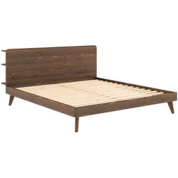 Bettgestell Karup Design "RETREAT BED", braun (carob braun lackiert), B:185cm H:93cm L:226cm, Betten, Bettgestell, aus Kiefer massiv mit Lattenrost, Kopfteil mit 3 Ablagen