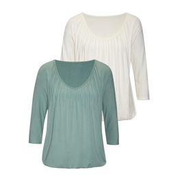 3/4-Arm-Shirt Lascana "mit zarter Raffung am Ausschnitt", Damen, Gr. 36/38, gr&uuml;n (mint, creme), Jersey, Obermaterial: 95% Viskose (LENZING&trade; ECOVERO&trade;), 5% Elasthan, unifarben, Basic, figurumspielend normal, V-Ausschnitt, angeschnitten, Shirts 3/4-Arm-Shirt, aus weichem Viskose-Stretch, Topseller