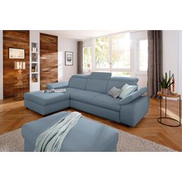 Ecksofa Home Affaire "Mauritius L-Form", blau (hellblau), B:287cm T:178cm, Struktur fein (100% Polyester);Luxus-Microfaser Lederoptik (100% Polyester);Soft clean (98% Polyester, 2% Polyamid), Sofas, Ecksofa, mit Kopfteil- und Armlehnverstellung, mit Bettfunktion und Bettkasten