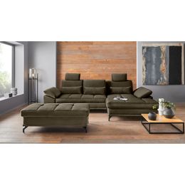Ecksofa OTTO HOME "Costello L-Form, B: 301 cm mit Sitztiefen-, Armteilverstellung &", gr&uuml;n (oliv), B:301cm H:89cm T:176cm, 100% Polyester;Samtoptik (100% Polyester), Sofas, Ecksofa, 3 Nierenkissen, optional Bettfunktion & Bettkasten