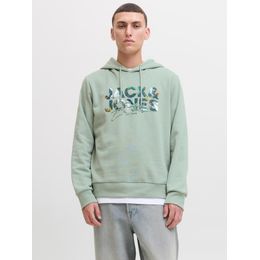 Jack & Jones Kapuzensweatshirt JACK & JONES "JJGEPLAS SWEAT HOOD", Herren, Gr. XS, gr&uuml;n (iceberg gr&uuml;n), angeraute Sweatware, Obermaterial: 60% Baumwolle, 40% Polyester, bedruckt, regular fit normal, Rippb&uuml;ndchen, Sweatshirts Kapuzensweatshirt