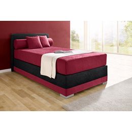 Boxspringbett Maintal "Lago", rot (bordeauxrot, schwarz), B:97cm L:210cm, Bezug Kopteil und seitliche Unterbox wahlweise Microvelours aus 100% Polyester oder Kunstleder;DIe Obermatratze ist bei beiden Bezugsqualit&auml;ten mit Microfaser (100% Polyester) bezogen, Unterseite 100% Baumwolle;Das Kopfteil ist bei Microvelours an den Ecken abgerundet, bei Kunstleder gerade;Bezug der Oberseite aus strapazier
