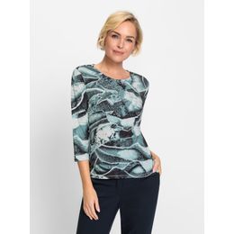 Langarmshirt CLASSIC "Shirt", Damen, Gr. 50, gr&uuml;n (jade, wei&szlig;, bedruckt), 95% Polyester, 5% Elasthan, gemustert, mehrfarbig, Rundhals, Shirts Langarmshirt