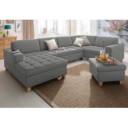Wohnlandschaft Home Affaire "Corby, viel Platz und Komfort, U-Form", grau (hellgrau), B:333cm H:80cm T:199cm, Struktur fein (100% Polyester);Chenille (100% Polyester);NaturLEDER (echtes Rindsleder) auf Sitzfl&auml;che, Kunstleder im Korpus;Melrose (100% Polyester), Sofas, Wohnlandschaft, wahlweise mit Bettfunktion, Steppung auf Sitzfl&auml;che