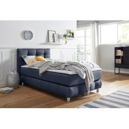 Boxspringbett Home Affaire "Salo", blau, B:104cm L:211cm, Struktur (100% Polyester);Bezug der Spiegelfl&auml;che Matratzendrell aus 100% Polyester;Samtoptik (100% Polyester), Komplettbetten, Boxspringbett, incl. Topper, 6 Breiten, 2 H&auml;rtegrade, TFK auch in H&auml;rtegrad 4