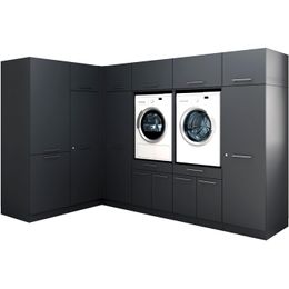 Mehrzweckschrank-Set LAUNDREEZY "Laundreezy, 11-tlg. Mehrzweckschrank-Set B/H/T 285/200/68 cm", anthrazit matt, B:285cm H:200cm T:68cm, Holzwerkstoff, Kastenm&ouml;bel-Sets, Mehrzweckschrank-Set, Breite 285 cm, Soft-Close-Funktion, h&ouml;henverstellbare F&uuml;&szlig;e