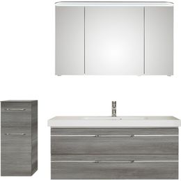 Badm&ouml;bel-Set SAPHIR "Balto Sprint 3-teilig, Mineralmarmor-Waschtisch mit LED-Spiegelschrank", grau (graphit struktur quer nachbildung), B:153cm H:200cm T:50,8cm, Holzwerkstoff, Kastenm&ouml;bel-Sets, Badm&ouml;bel-Set, Badezimmer Set mit Unterschrank inkl T&uuml;rd&auml;mpfer, 3 T&uuml;ren, 2 Schubladen
